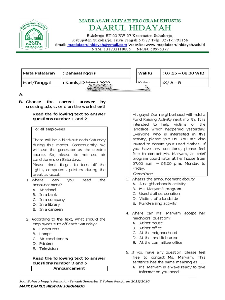 Soal PTS Genap Kelas X (MAPK Daarul Hidayah) Revisi | PDF | Julius ...