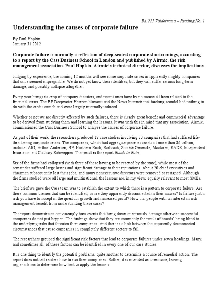 Understanding The Causes of Corporate Failure | PDF | American ...