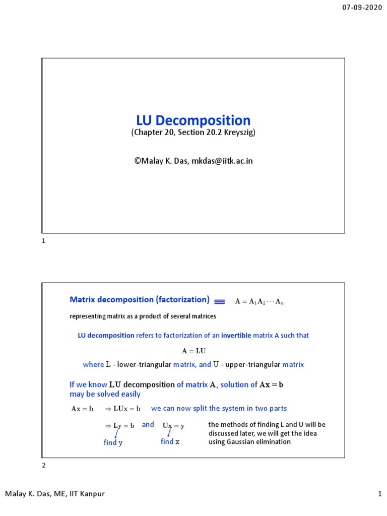 LU Decomposition: (Chapter 20, Section 20.2 Kreyszig) | PDF | System Of Linear Equations ...