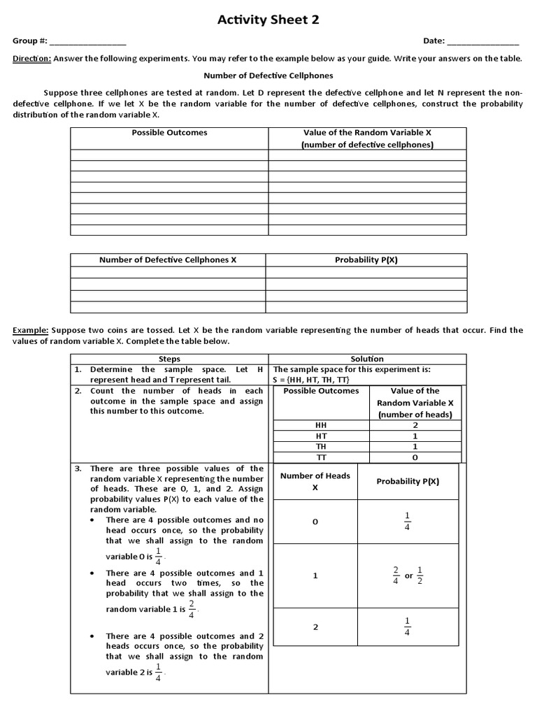 Activity Sheet 2 | PDF | Random Variable | Probability Distribution