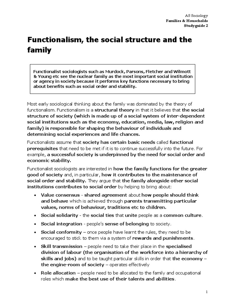 Functionalism, The Social Structure and The Family: Families ...