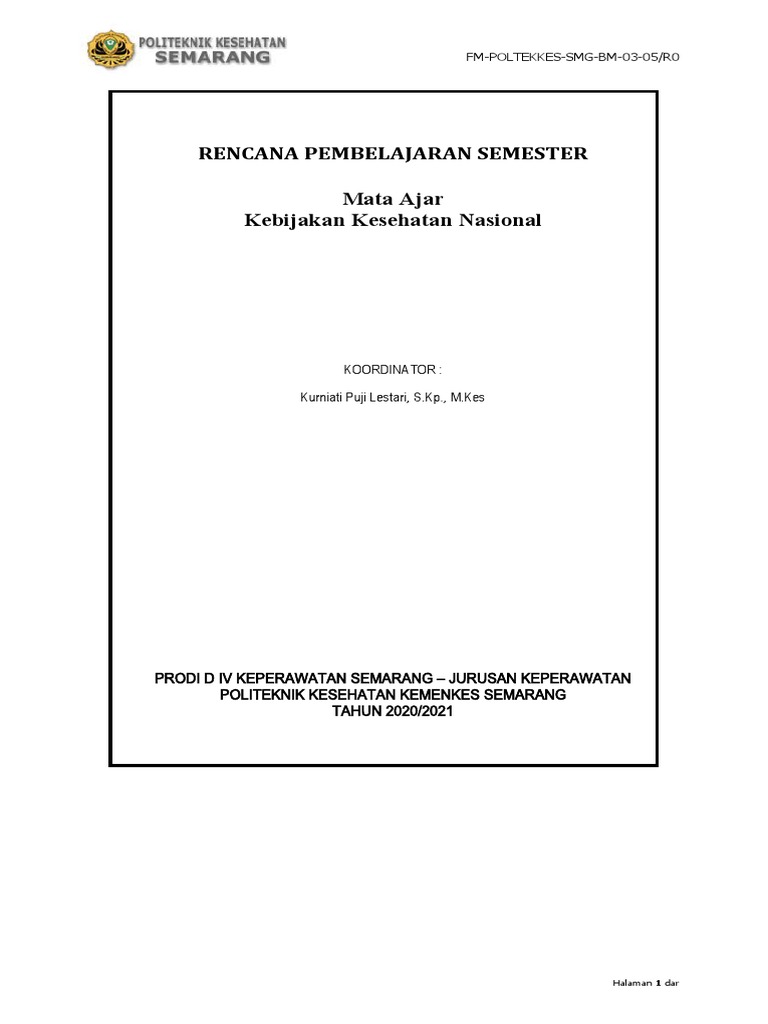 RPS Mata Kuliah Kebijakan Kesehatan Nasional | PDF