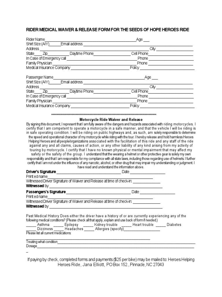 Rider Medical Waiver | PDF | Motorcycle | Medicine