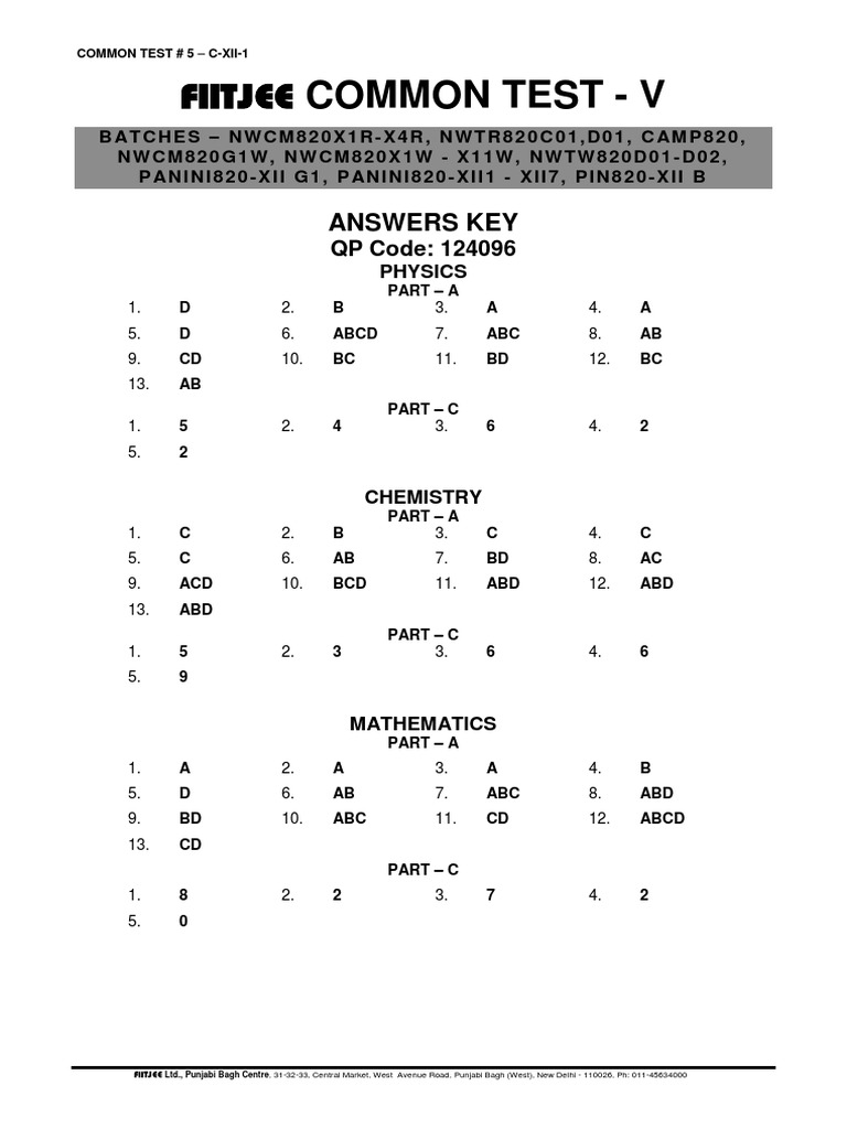 Fiitjee Answer Key | PDF | Teaching Mathematics