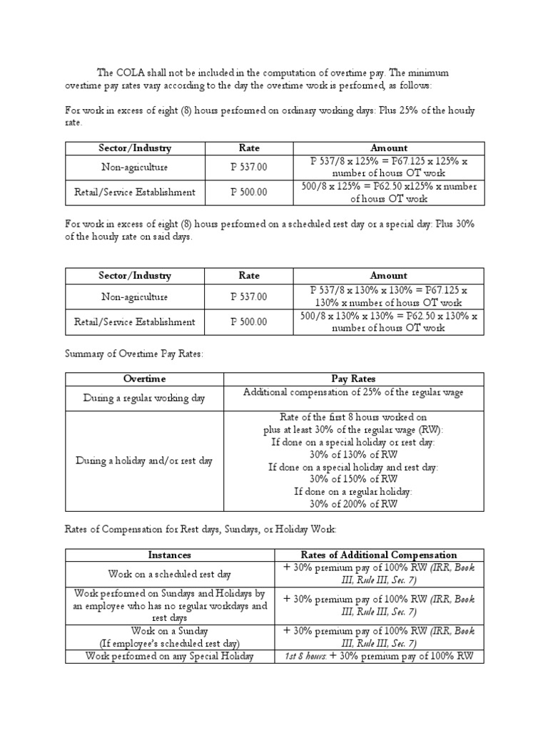 Matrix of Different Rates For Overtime and Premium Pay | PDF | Overtime ...