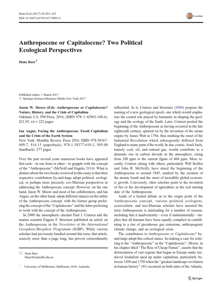Baer - 2017 - Anthropocene or Capitalocene Two Political Ecological Perspectives | PDF ...
