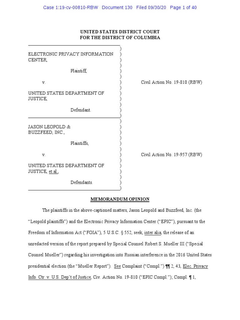Unredacted Mueller Report Release Case | PDF | Freedom Of Information ...