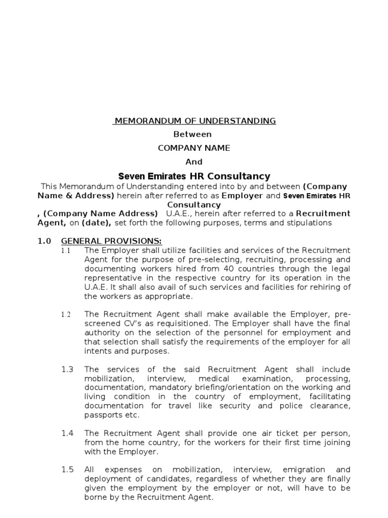 Sample Moa | Recruitment | Employment