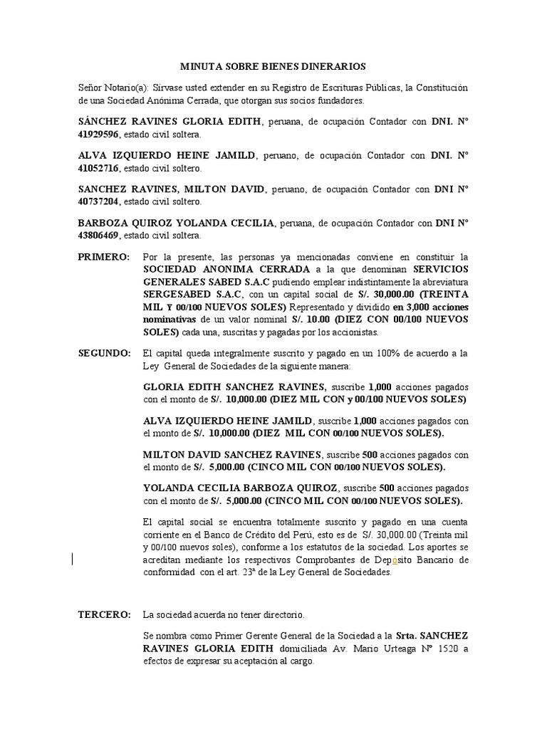 MINUTA - DE - CONSTITUCION - DE - EMPRESA (Bienes Dinerarios) | PDF | Compartir (Finanzas ...