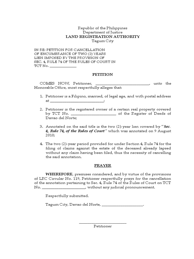 Petition For Cancellation of Encumbrance-under-Section-4-Rule-74-of-the ...