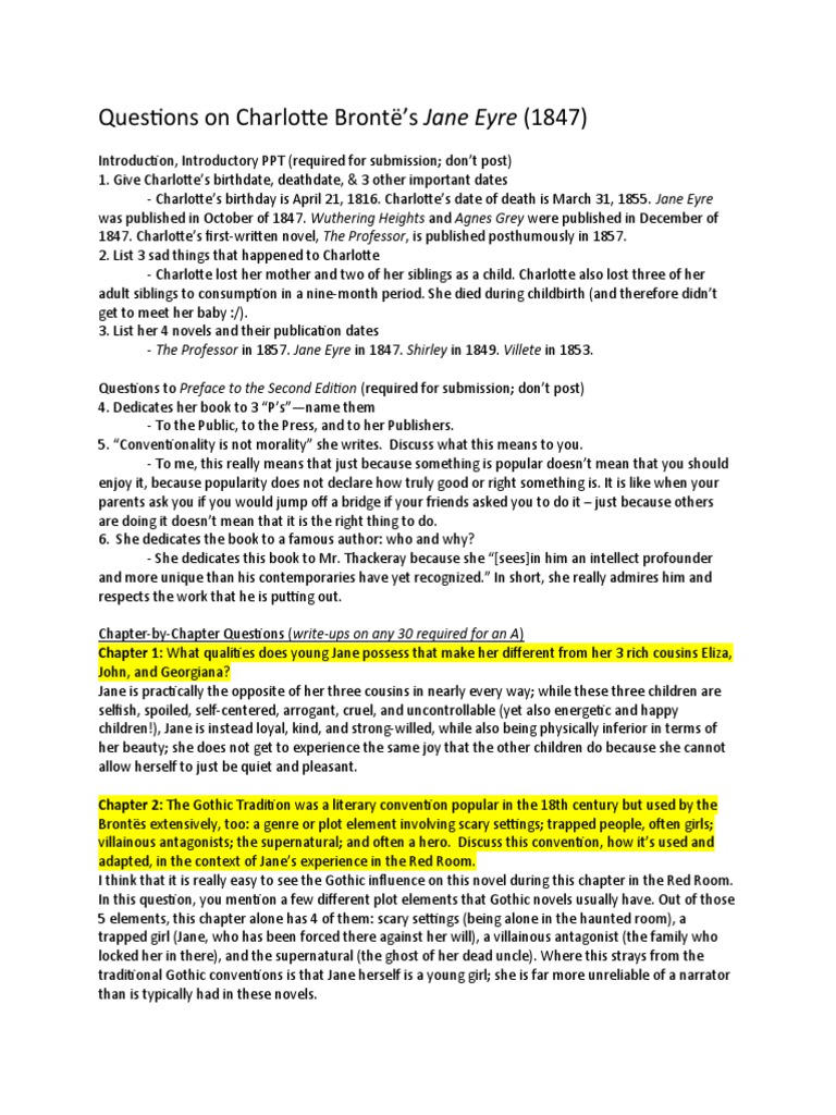 Study Questions On Charlotte Brontë's Jane Eyre | PDF | Jane Eyre ...