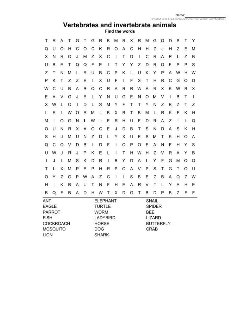 Vertebrate and Invertebrate Word Search | PDF