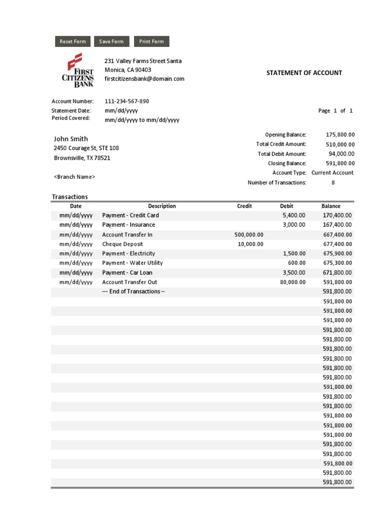 Bank Statement Of Account Sample