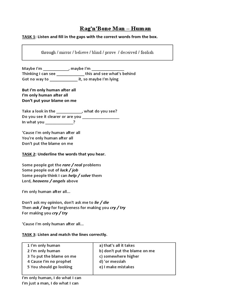 Rag'n'Bone Man - Human Lyrics Activity | PDF | Self-Improvement