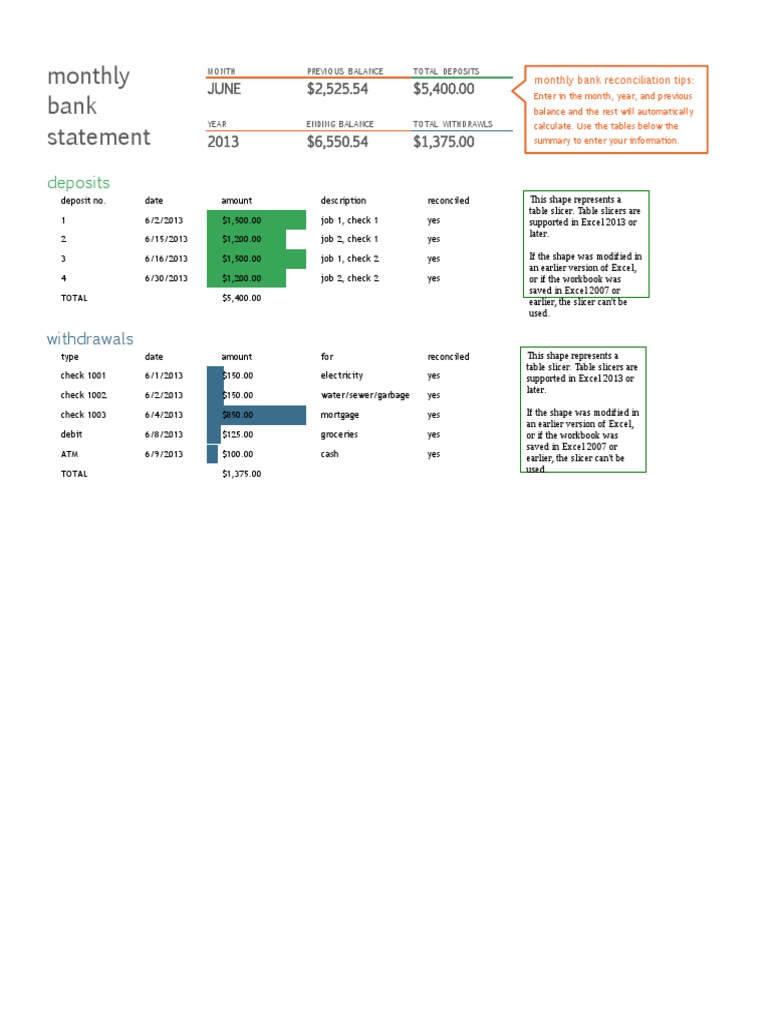 Monthly Bank Statement Template Excel | PDF | Cheque | Microsoft Excel
