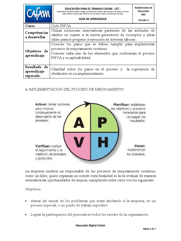 Ciclo Phva Implementacion Del Proceso de Mejoramiento PDF | PDF | Planificación | Aprendizaje