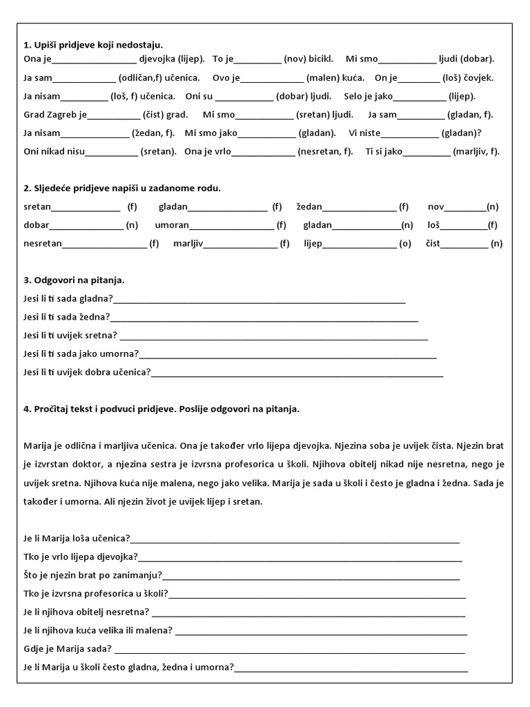 Pridjevi - Vježba | PDF