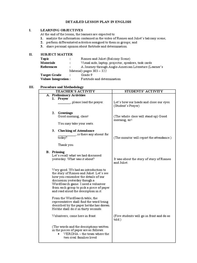 Detailed Lesson Plan in English 9 | PDF | Characters In Romeo And ...