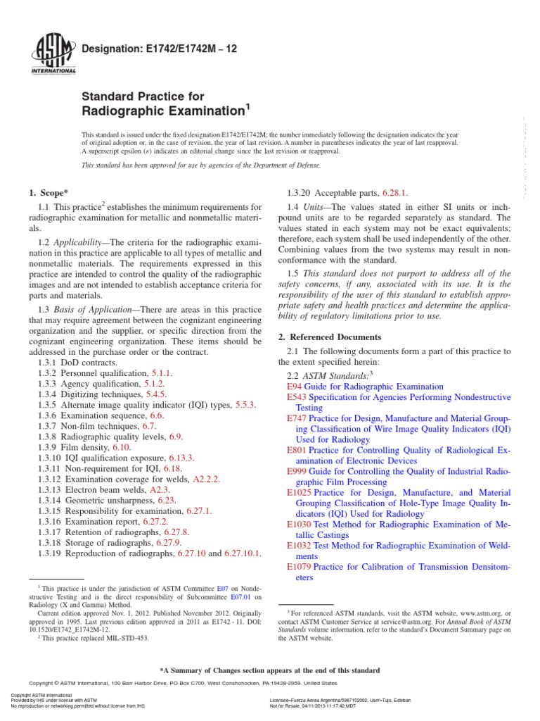 Astm E1742 - E1742m-12 PDF | PDF | Nondestructive Testing | Radiography