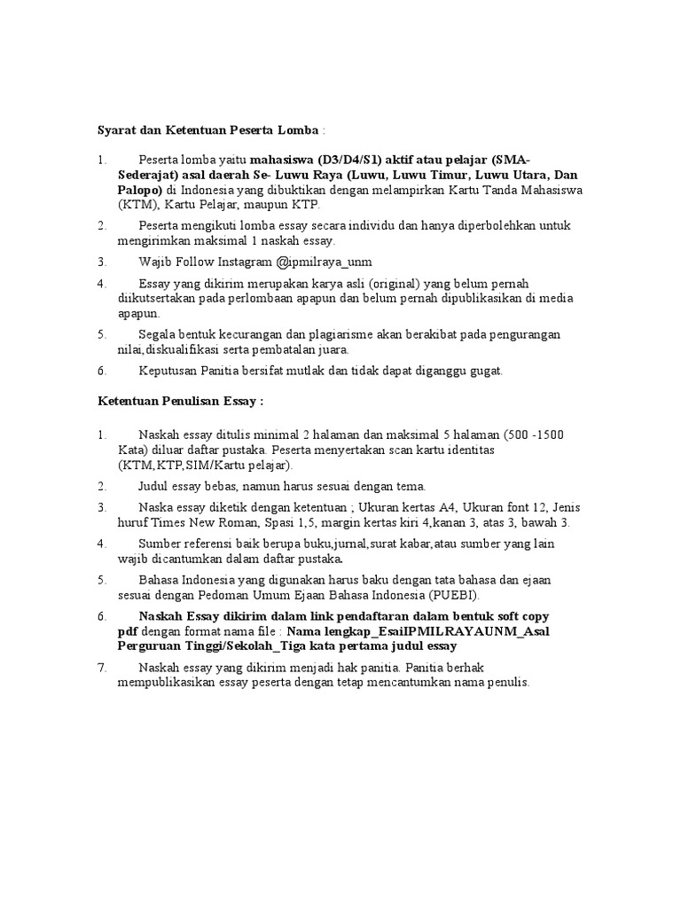 Syarat Dan Ketentuan Lomba Esai IPMIL Raya UNM | PDF