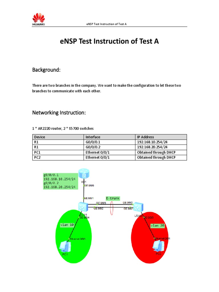eNSP Test Intruction of Test A | PDF | Ip Address | Network Switch