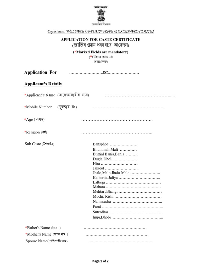 Assam Caste Certificate Application Form | PDF | Government