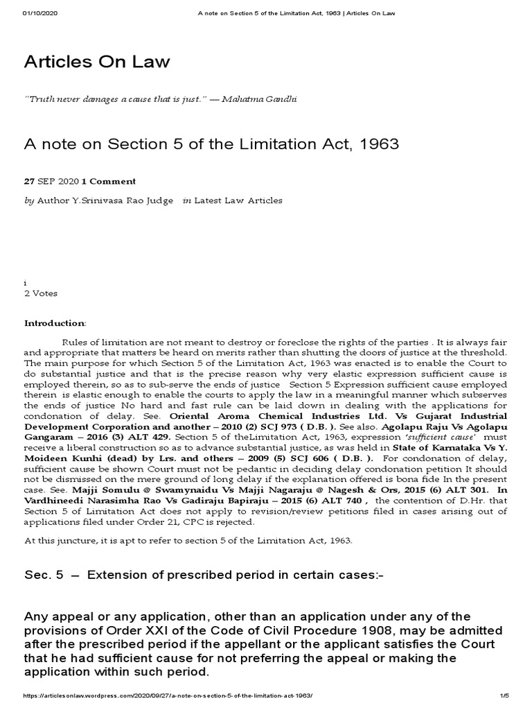 A Note On Section 5 of The Limitation Act, 1963 - Articles On Law PDF ...