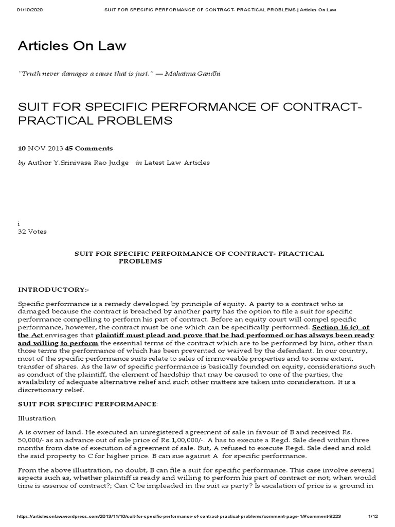 SUIT FOR SPECIFIC PERFORMANCE OF CONTRACT - PRACTICAL PROBLEMS ...