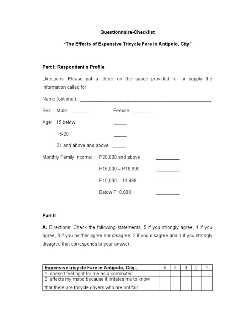 Questionnaire-Checklist "The Effects of Expensive Tricycle Fare in ...