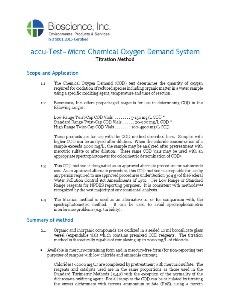 Accu-Test Micro Chemical Oxygen Demand System: Scope and Application ...