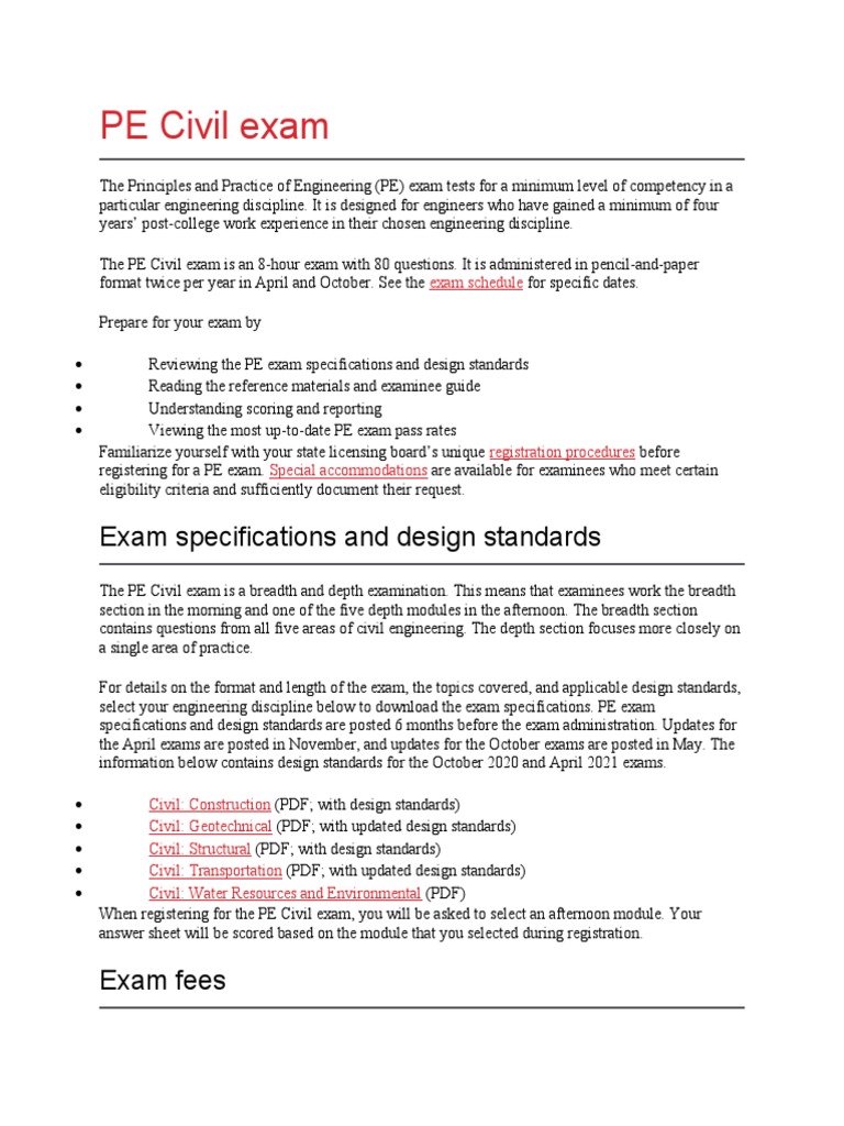 PE Civil Exam: Exam Specifications and Design Standards | PDF ...