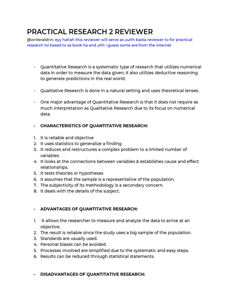 Practical Research 2 Reviewer: @writeraldrin | PDF | Quantitative Research | Statistics