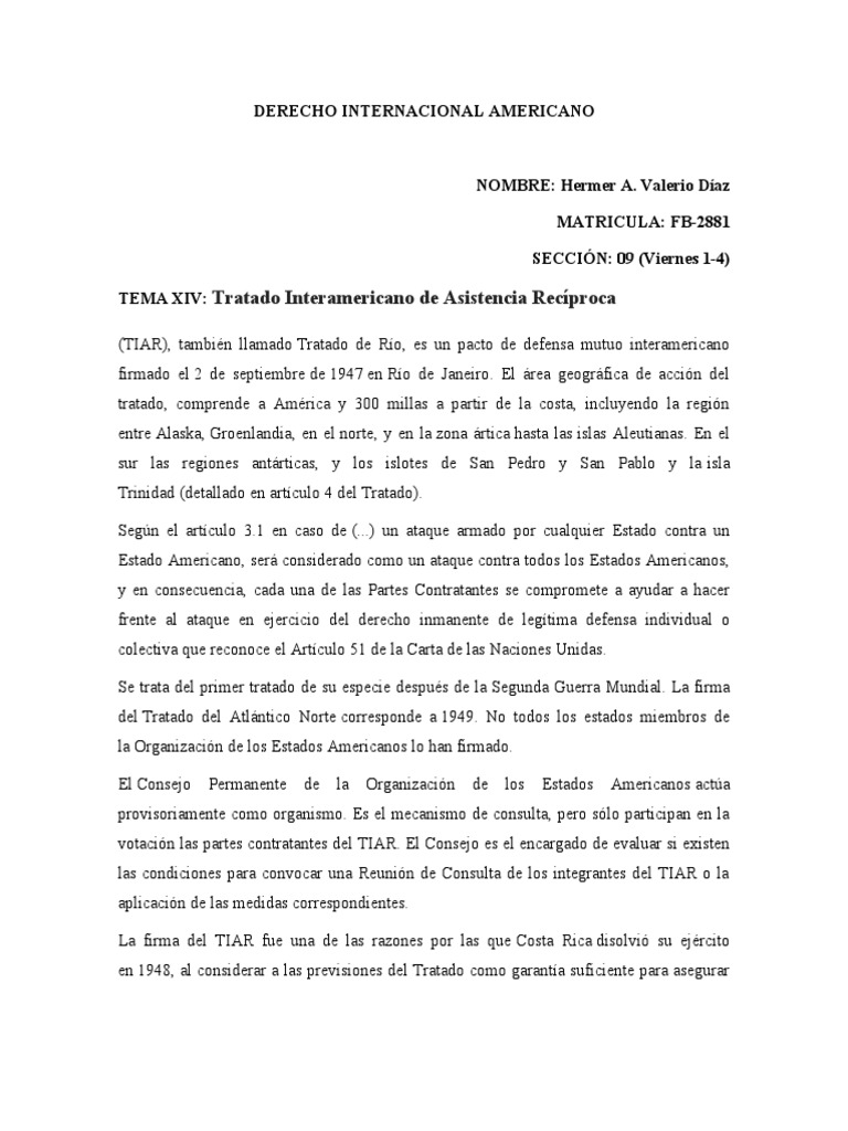 TEMA XIV Tratado Interamericano de Asistencia Recíproca | PDF | La política exterior | Políticas ...