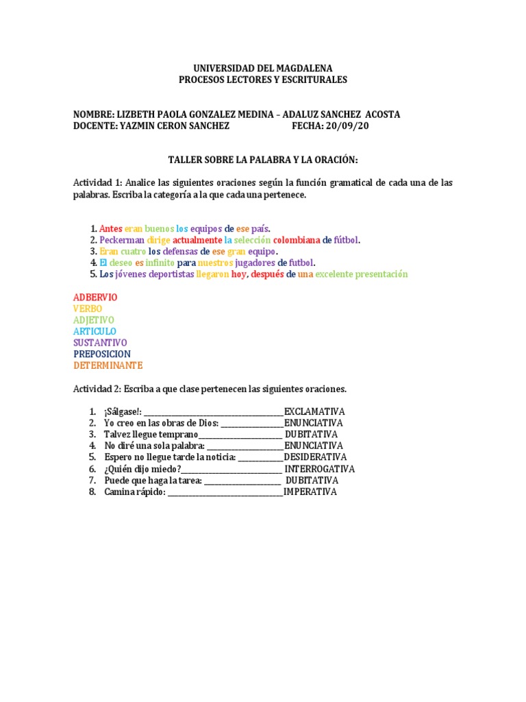 Taller 1 - La Palabra y Las Oraciones | PDF | Oración (Lingüística) | Verbo