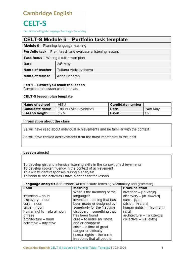 CELTS Module 6 Task Template Alekseyetseva Tatiana | PDF | Lesson Plan ...
