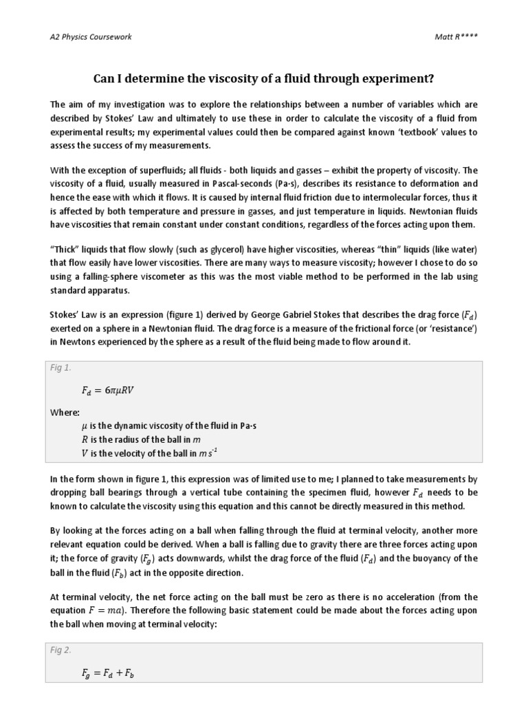 A-Level Physics Coursework - Measuring Viscosity | PDF | Viscosity | Video