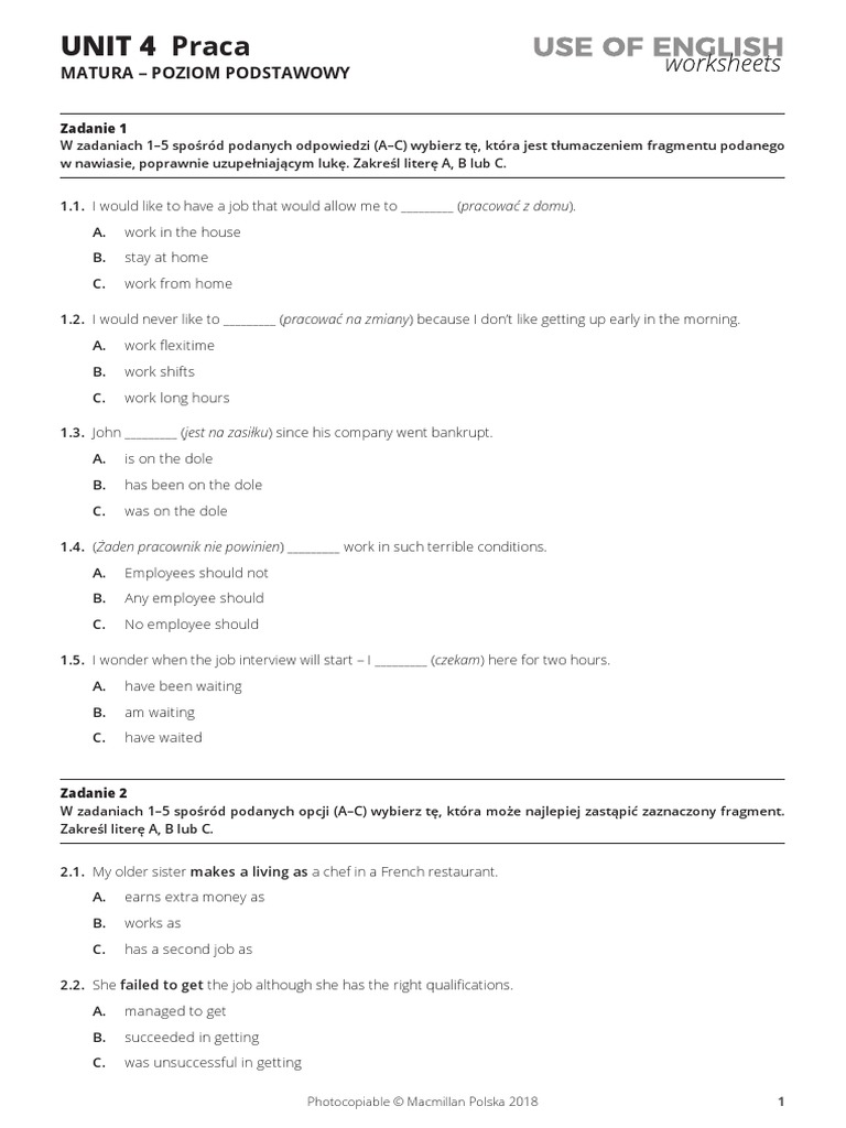 UNIT 4 Praca: Matura - Poziom Podstawowy | PDF | Pet | Employment