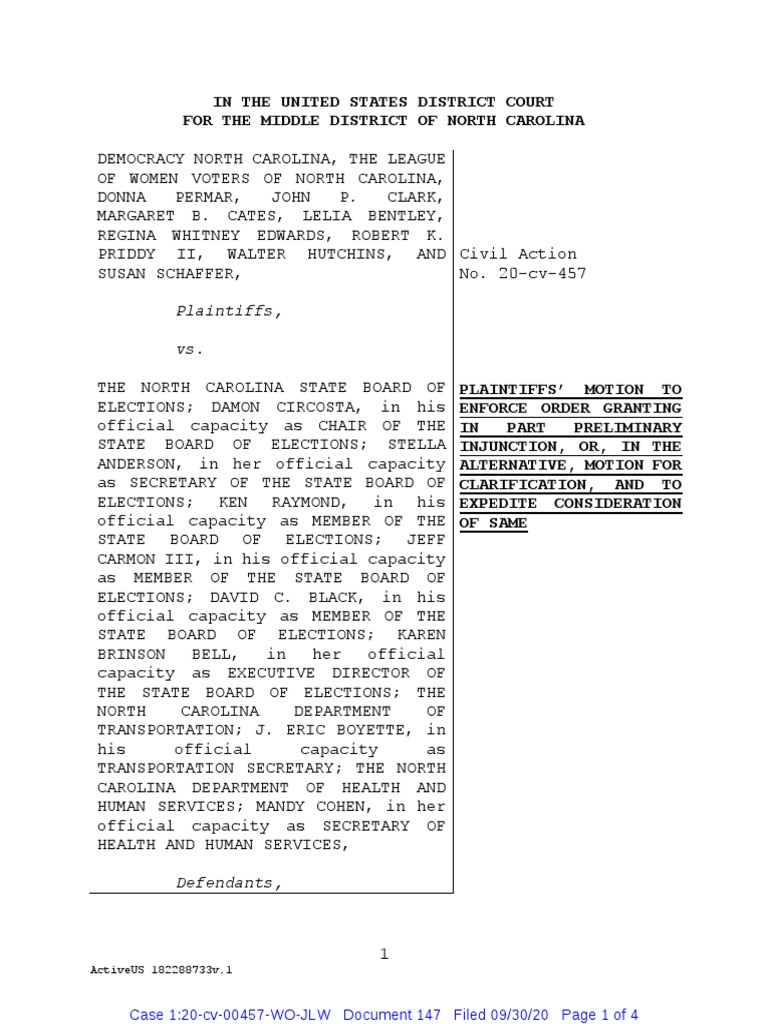 Dem NC Et All - Motion To Enforced - Filed Sept. 30 - CombinedPDF PDF ...