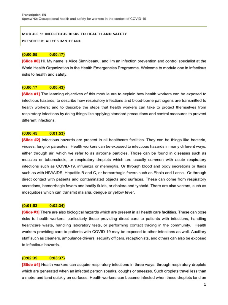Transcription WHO COVID-19 OHS Module-1 EN | PDF | Infection | Transmission (Medicine)