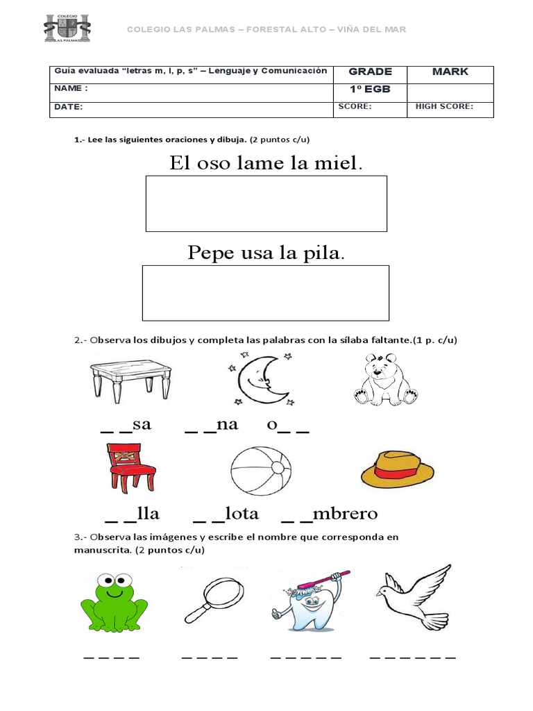 Guía Evaluada Letras M, L, P, S. 1º EGB | PDF