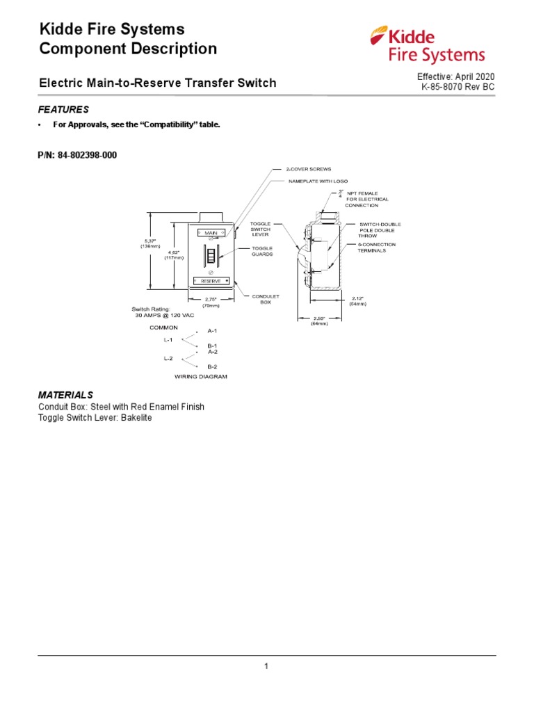 Kidde Fire Systems Component Description: Electric Main-to-Reserve ...