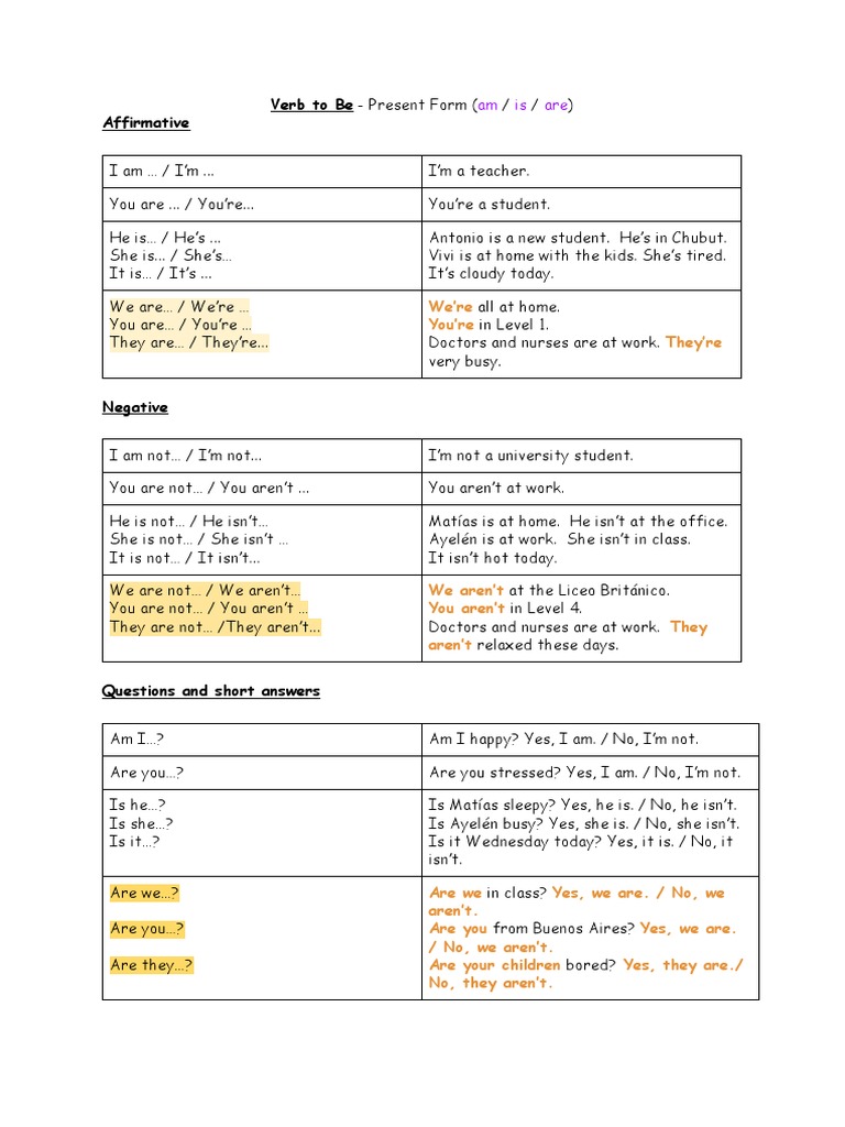 Verb To Be - Present Form (Am - Is - Are) | PDF | Grammar | Syntax