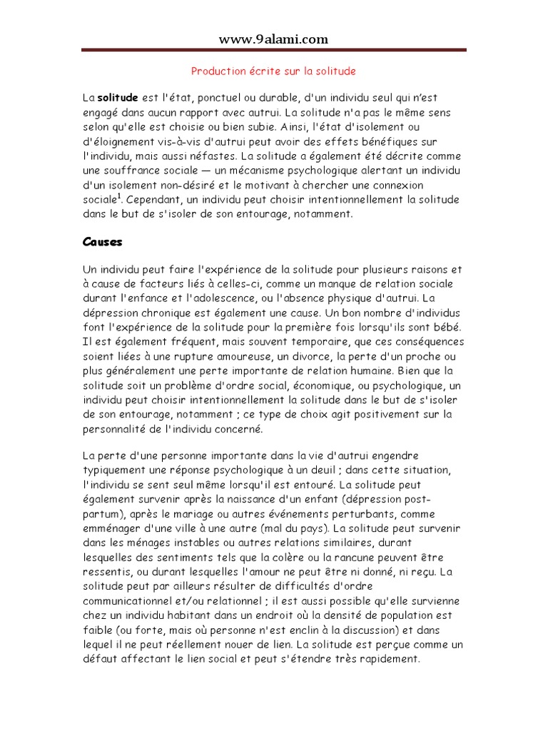 Production Écrite Sur La Solitude PDF | PDF | Solitude | Sciences comportementales