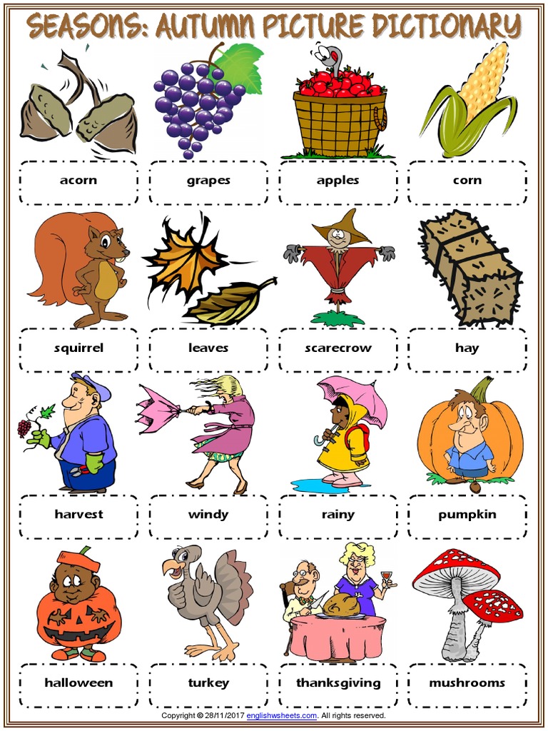 Autumn Vocabulary Esl Picture Dictionary Worksheet For Kids | PDF