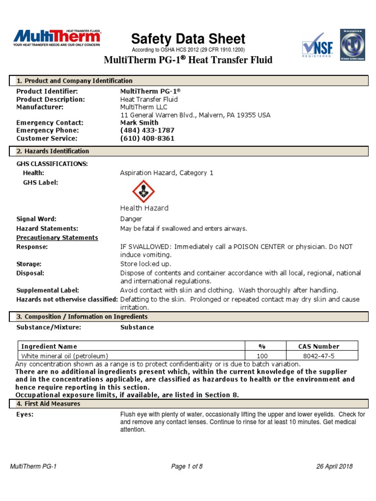 MSDS MultiTherm PG-1 | PDF | Hazardous Waste | Toxicity