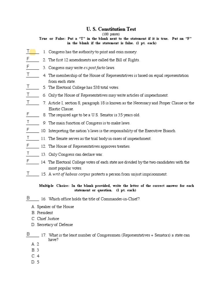 U. S. Constitution Test: F T F T F T F | PDF | United States Congress ...