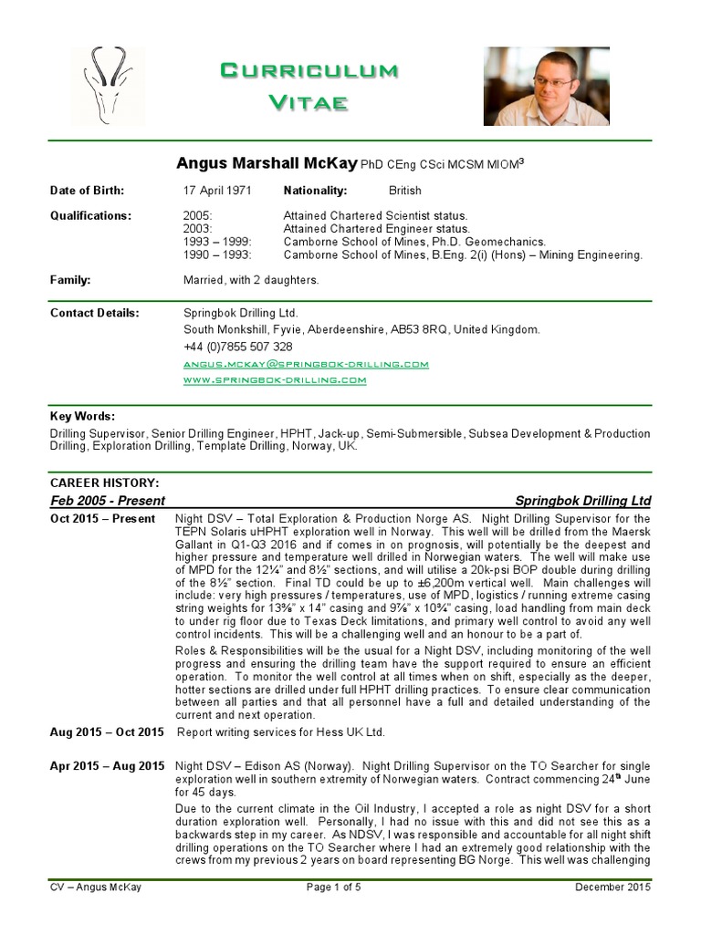 Curriculum Vitae: Angus Marshall Mckay | PDF | Offshore Drilling ...