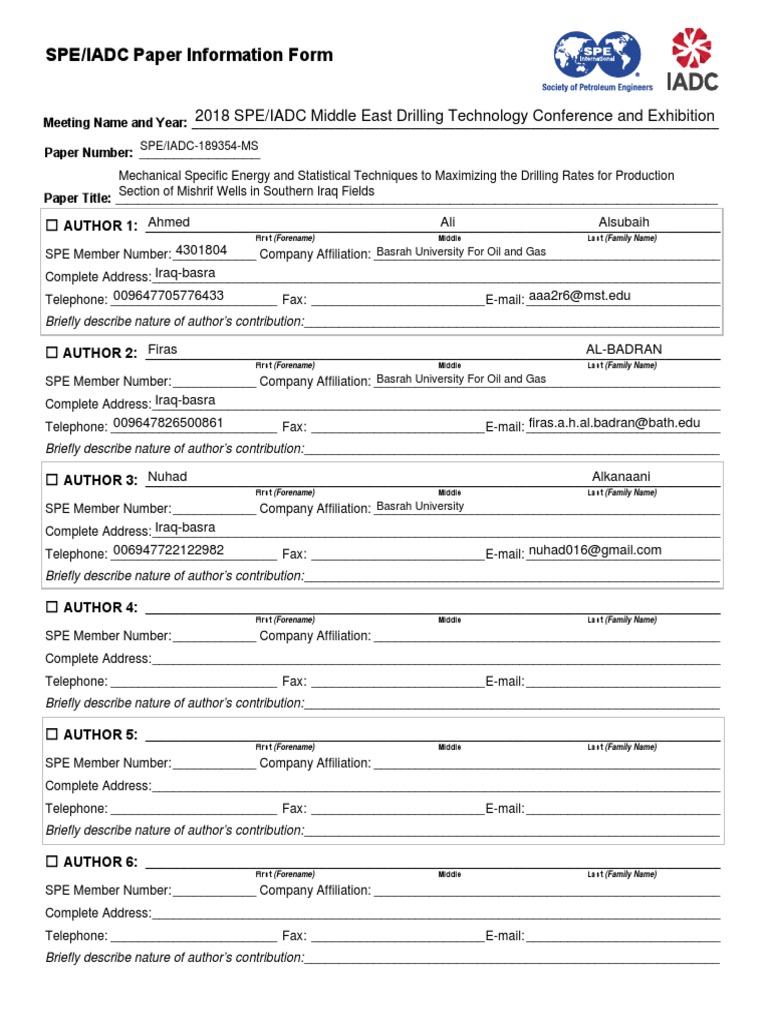 Iadc / SPE Paper Information Form: 2018 SPE/IADC Middle East Drilling ...
