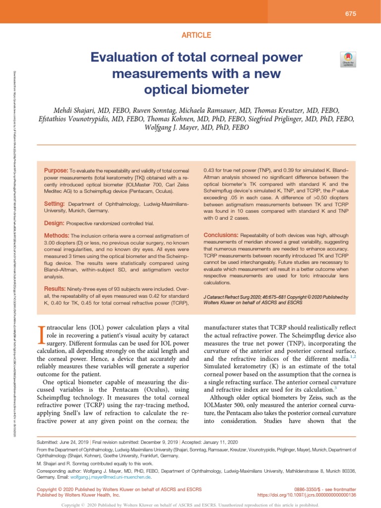 Evaluation of Total Corneal Power Measurements | PDF | Ophthalmology ...