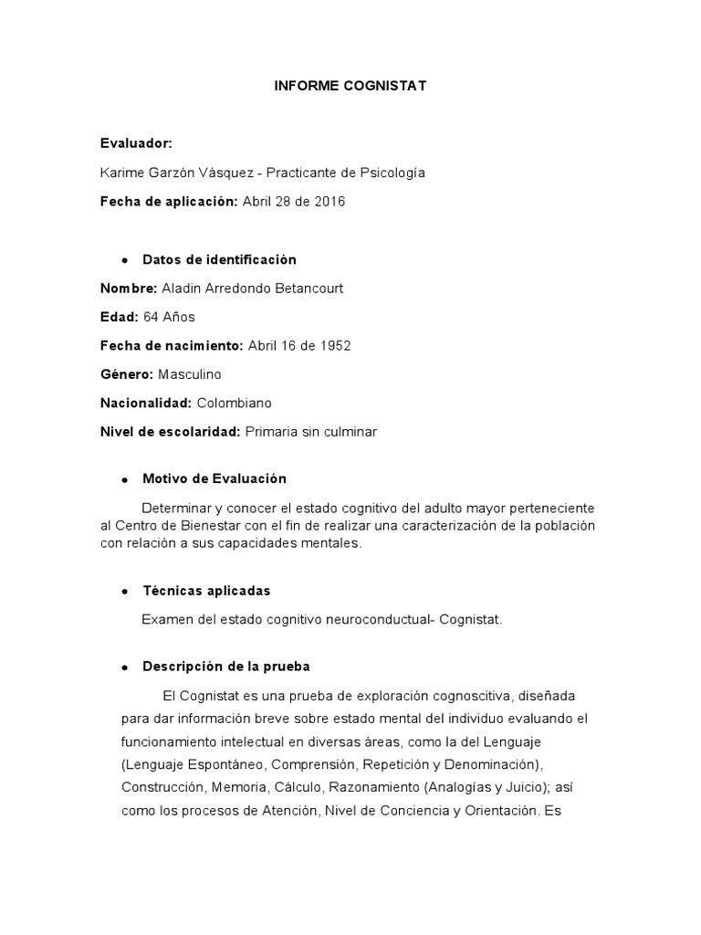 Evaluación Cognitiva con Cognistat | PDF | Adultos | Memoria